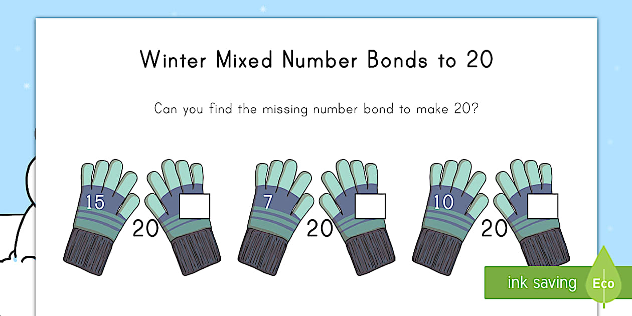 Winter Mixed Number Bonds to 20 Worksheet (teacher made)