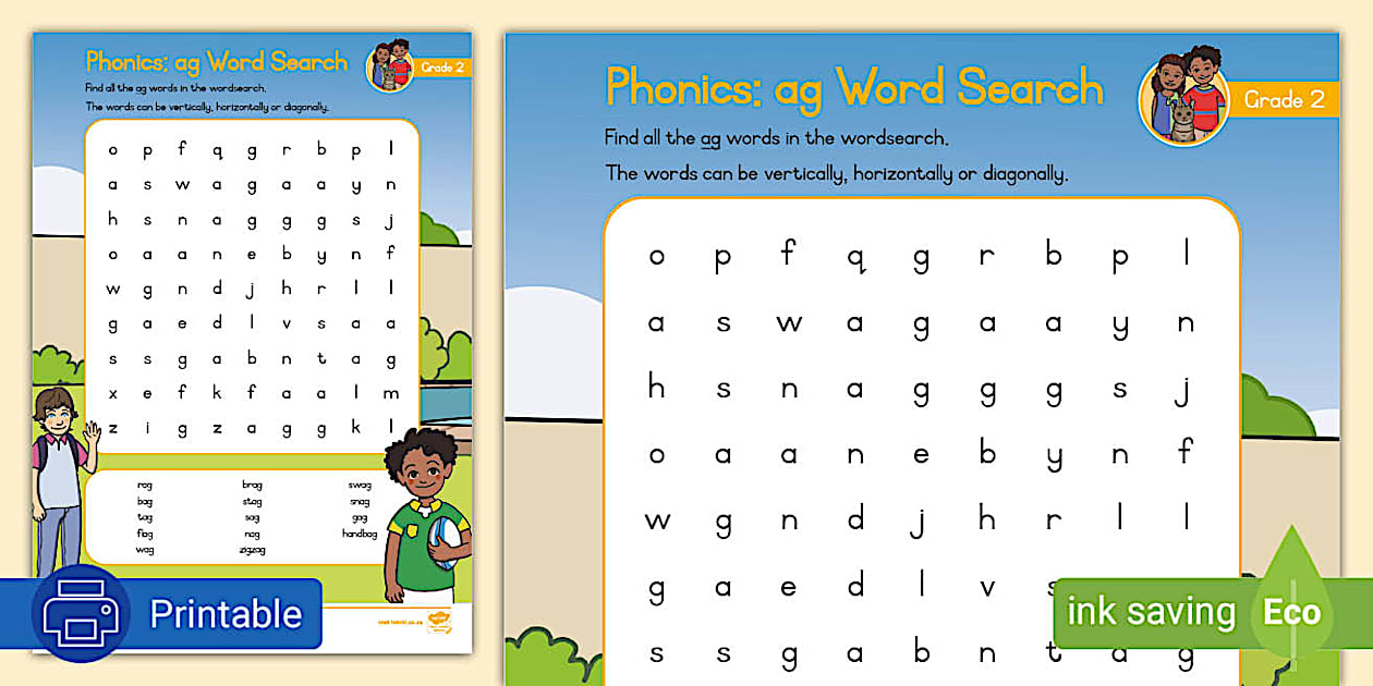 Grade 2: Phonics: ag: Wordsearch - Revision - Twinkl