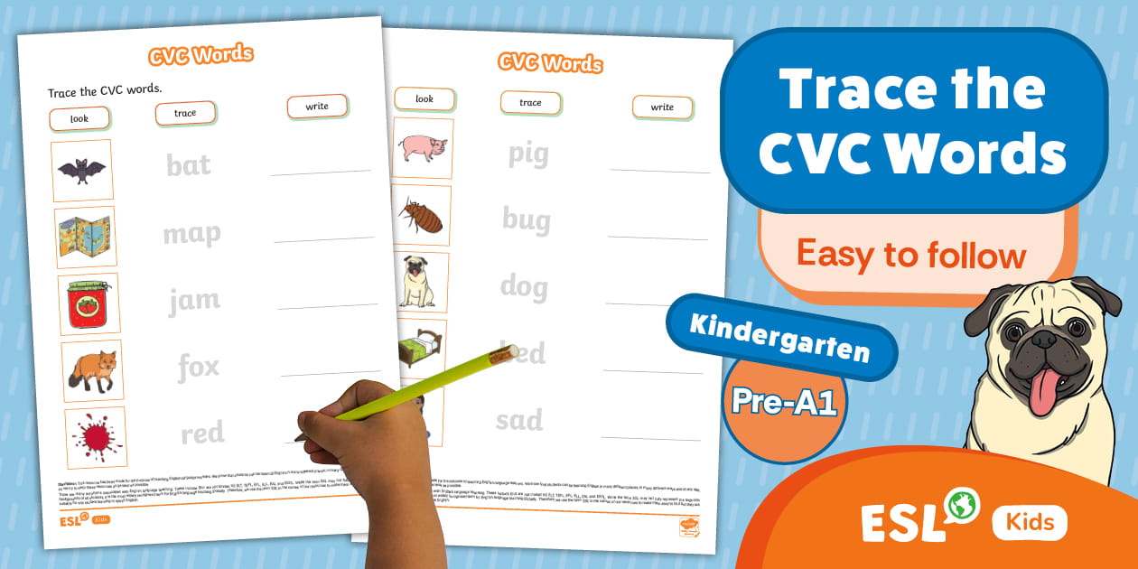 ESL Trace the CVC Words [Kindergarten, Pre-A1]