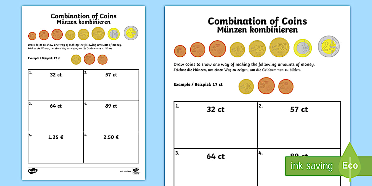 Euros Combination of Coins Worksheet / Worksheet English/German