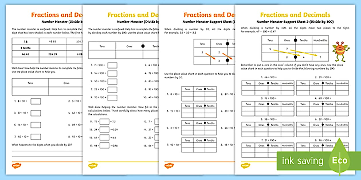 Dividing by 10 and 100 Worksheet / Worksheet - Twinkl