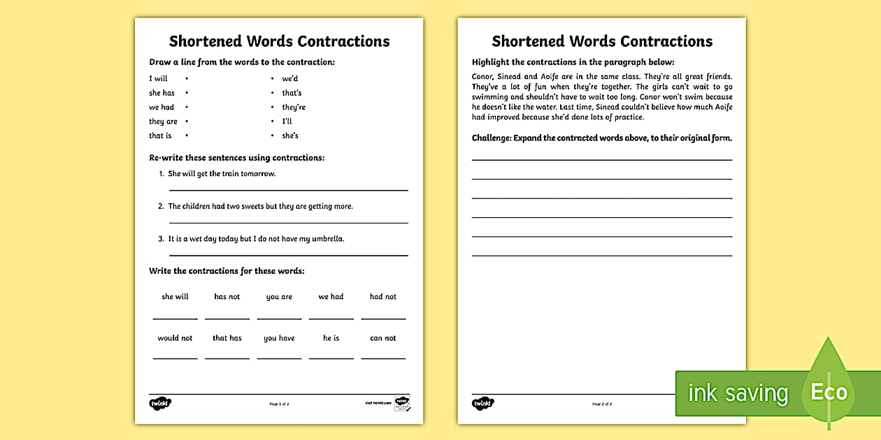 Shortened Words Worksheet / Worksheet