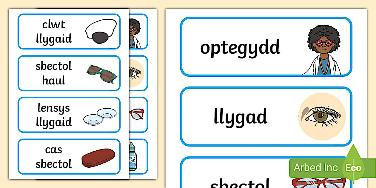 Opticians Role Play Word Cards Welsh (Teacher-Made) - Twinkl