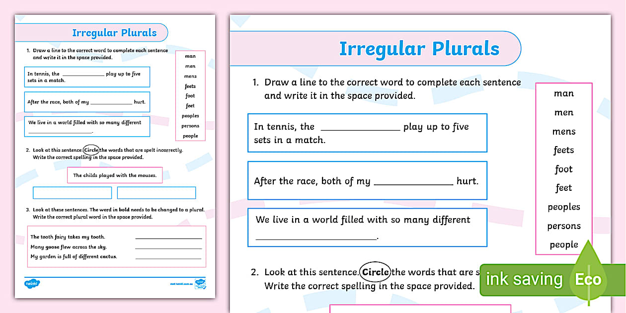 Irregular Plurals Activity Sheet (teacher made) - Twinkl