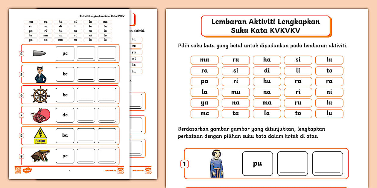 Lembaran Aktiviti Lengkapkan Suku Kata KVKVKV