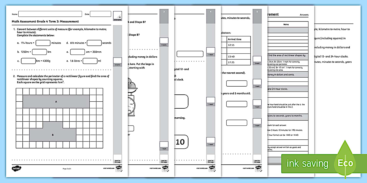 Grade 4 Math Measurement Term 3 Test (teacher made) - Twinkl