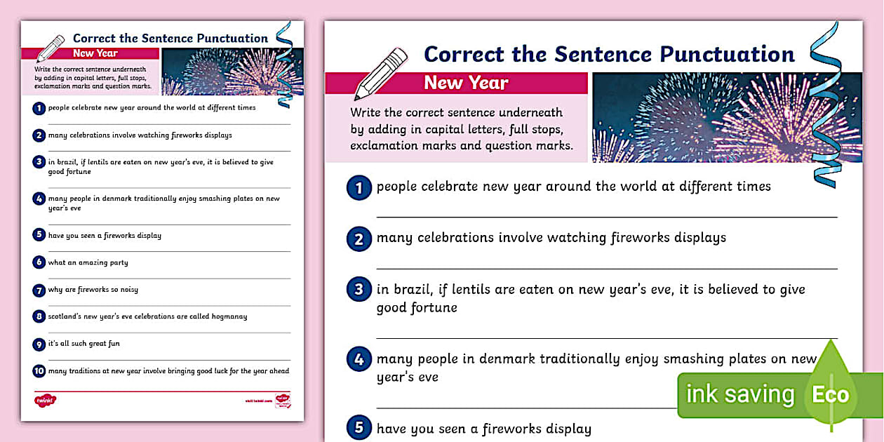 Correct the Sentence Punctuation: New Year Worksheet