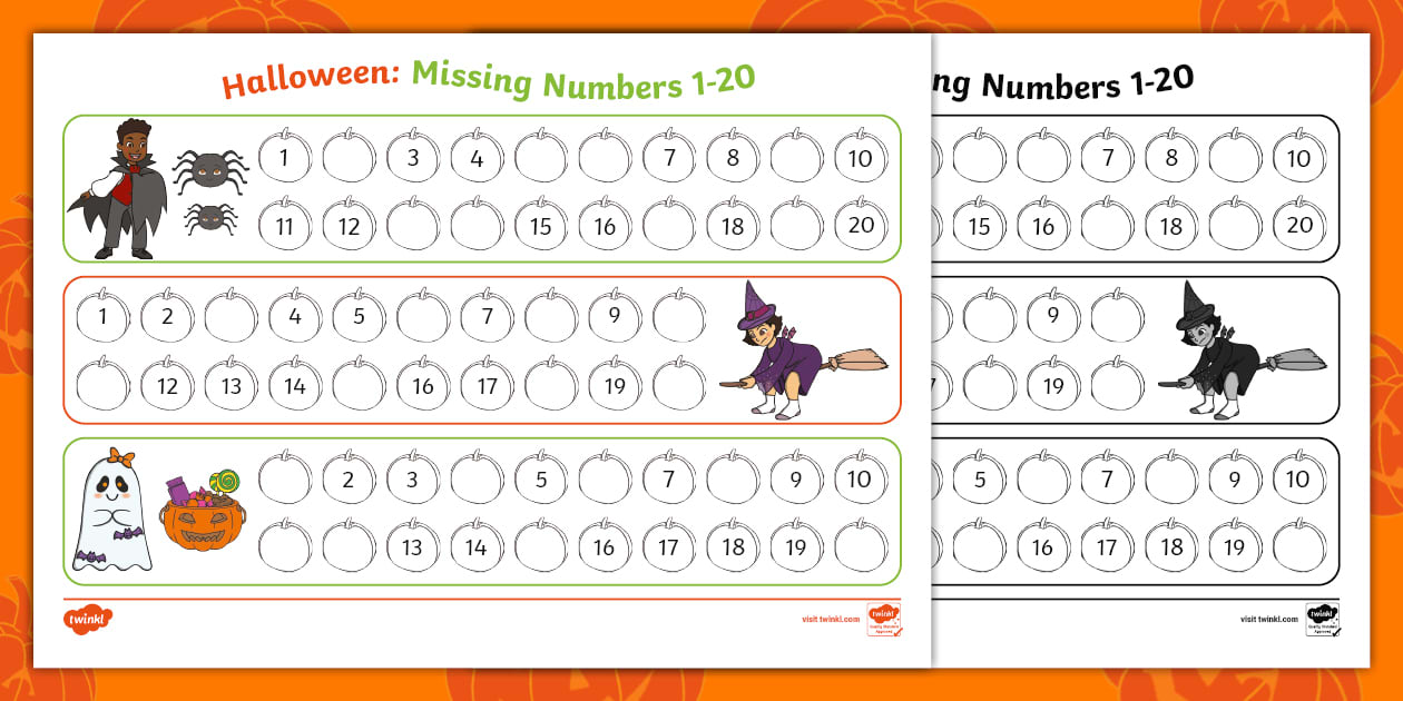 👉 Halloween Missing Numbers 1-20 Worksheet