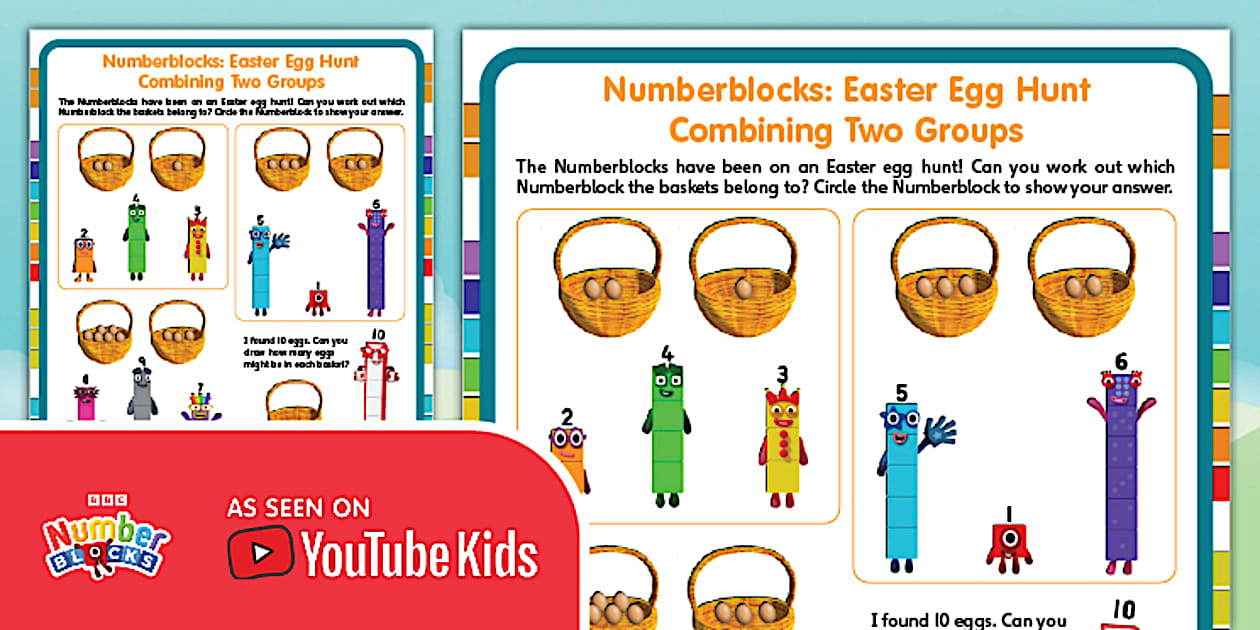 Numberblocks: Easter Egg Hunt Combining Two Groups Worksheet