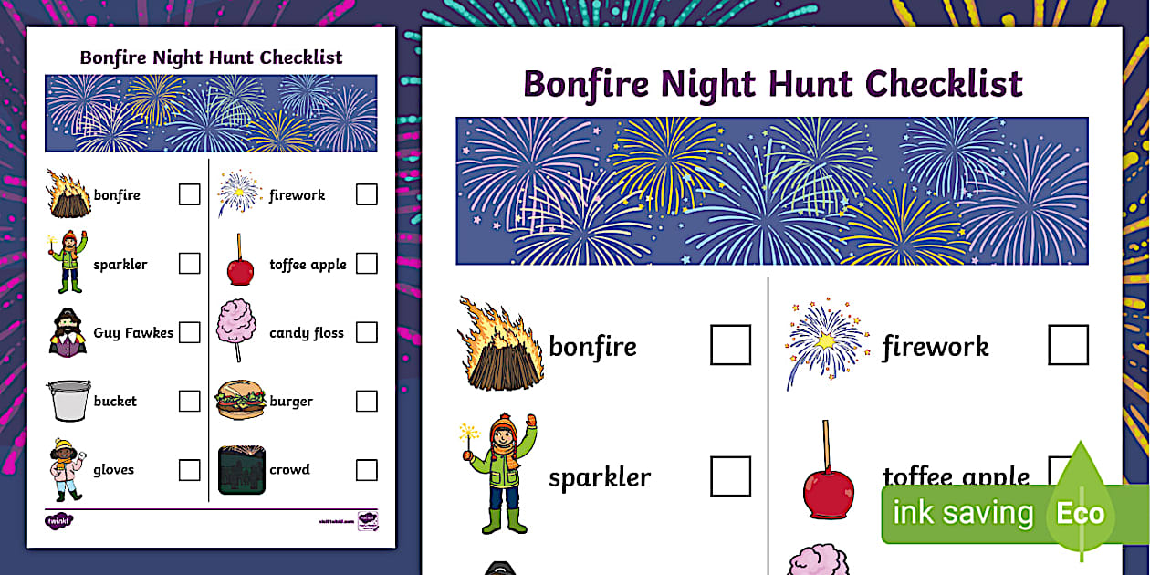 Cursive Bonfire Night Hunt Checklist (Teacher-Made) - Twinkl