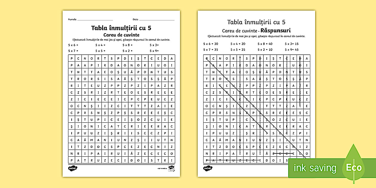 Tabla înmulțirii cu 5 Careu de cuvinte (teacher made)