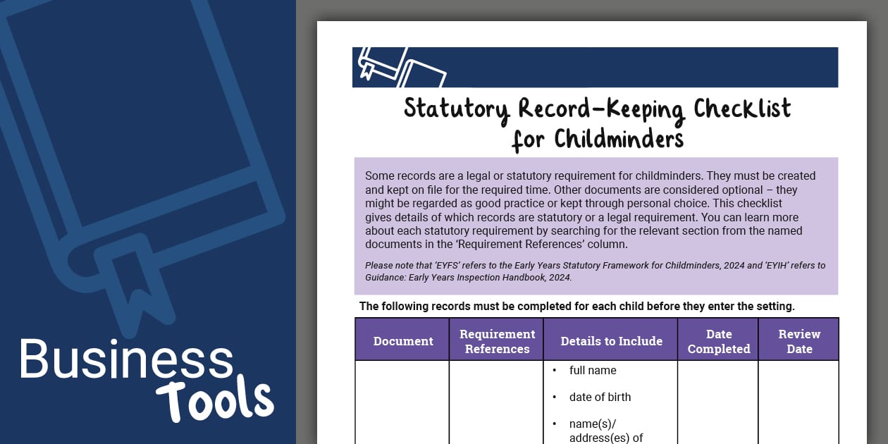Statutory Record-Keeping Checklist for Childminders - Twinkl