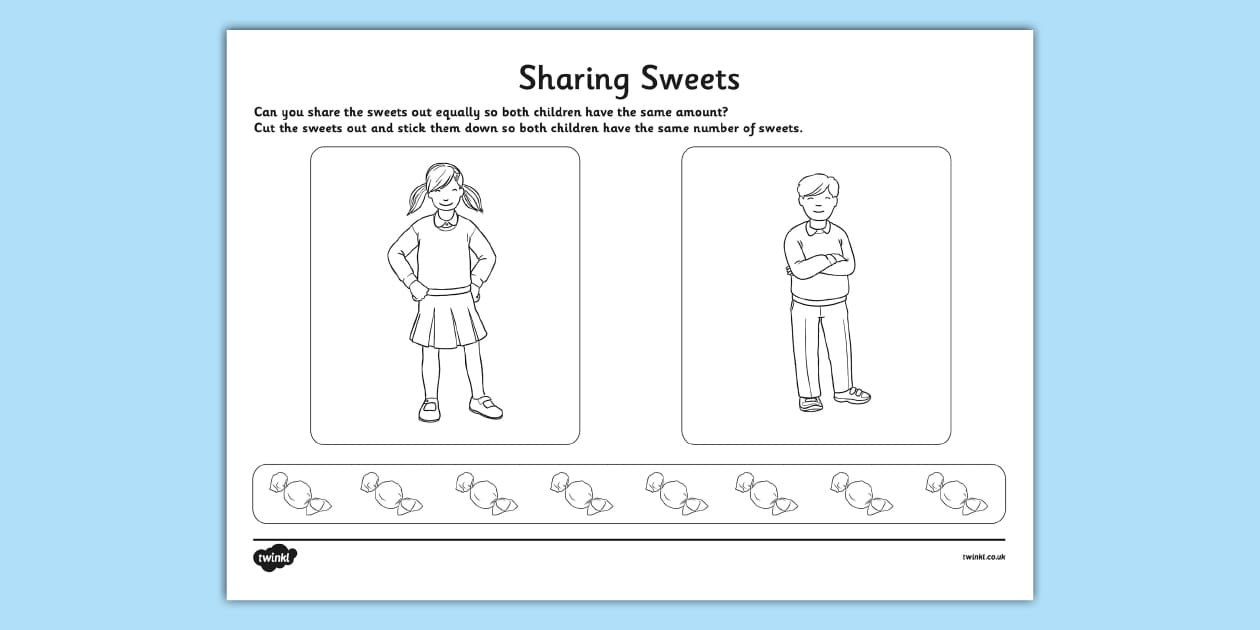 distributing equally, Sharing Sweets Worksheet - Early Numeracy - Twinkl