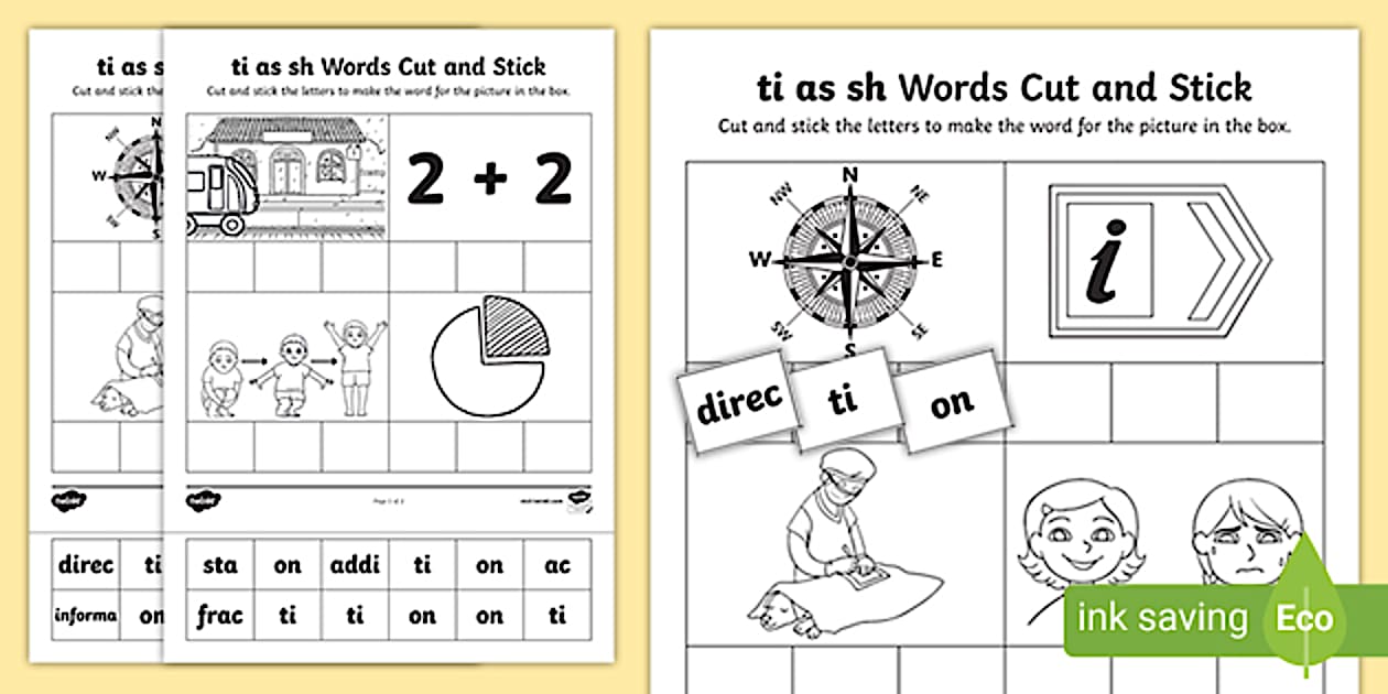 'ti' as 'sh' Cut and Stick Worksheet (teacher made) - Twinkl