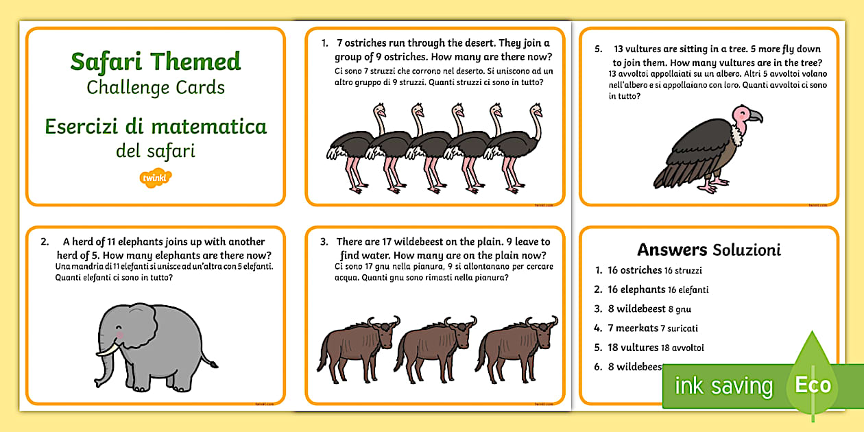 Safari Themed Addition and Subtraction Word Problems to 20 Challenge Cards