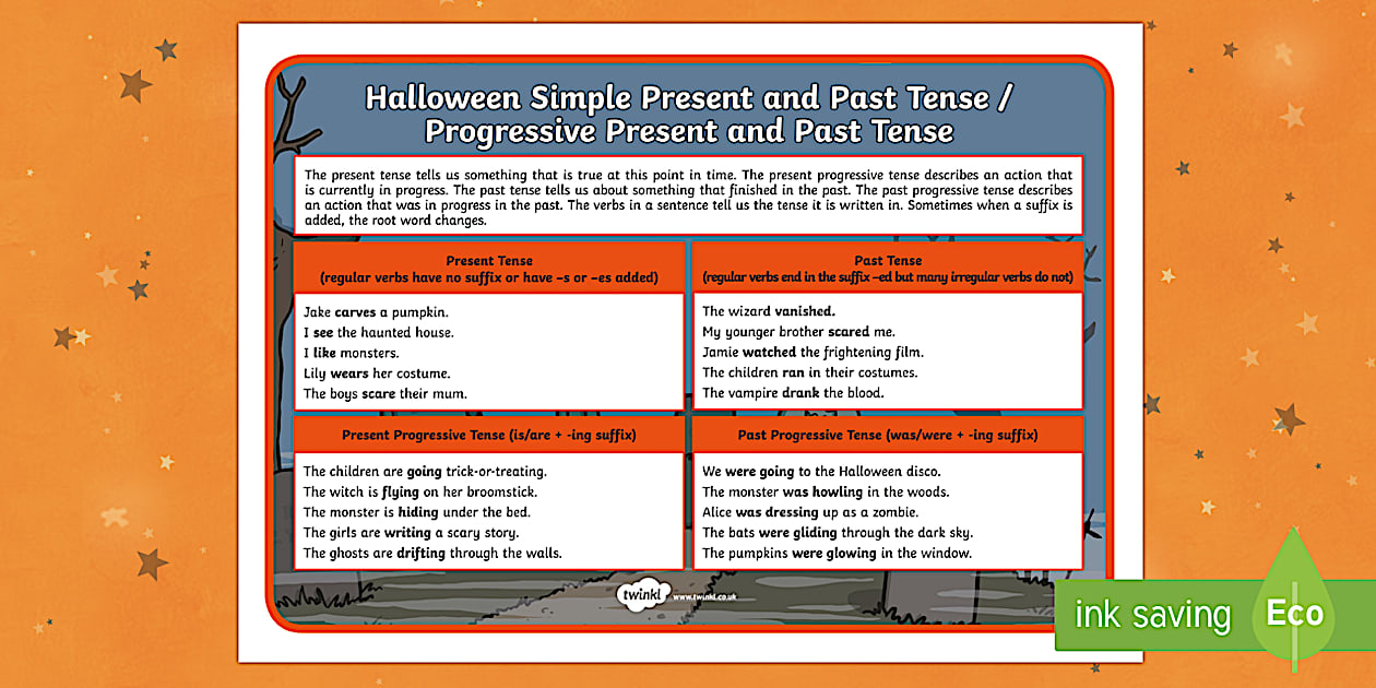 Halloween SPaG Present, Past and Progressive Tenses Word Mat