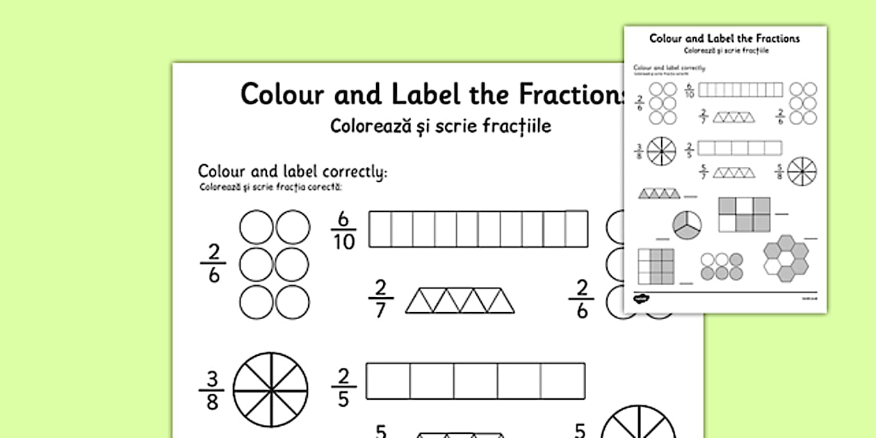 Colour and Label Fractions Worksheet Romanian Translation