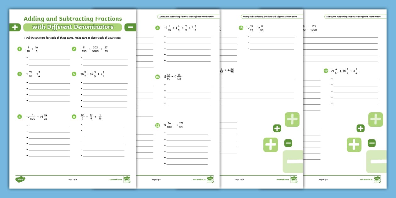 Adding And Subtracting Fractions With Different Denominators Activity Sheet