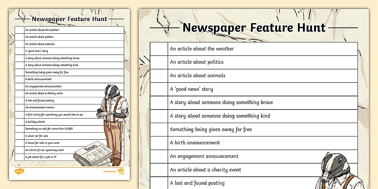 Newspaper Feature Hunt Checklist (teacher made) - Twinkl
