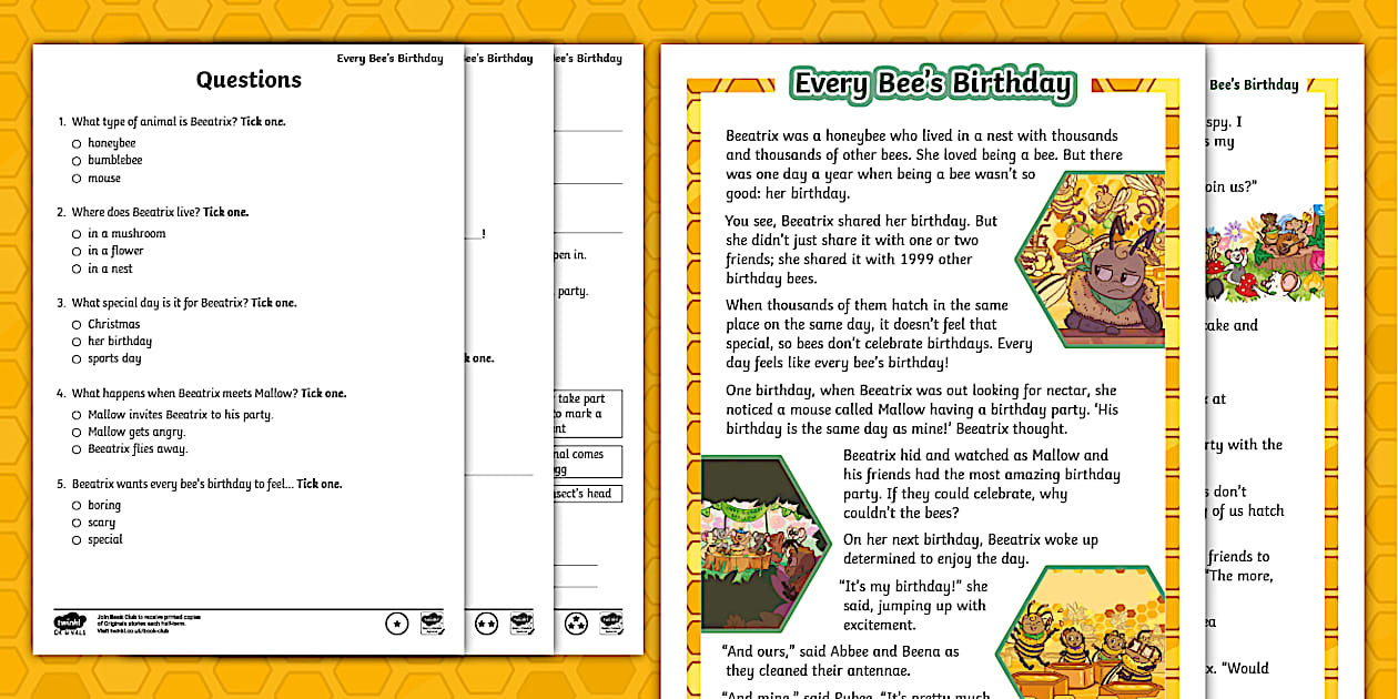 Year 2 Every Bee's Birthday Reading Comprehension Activity