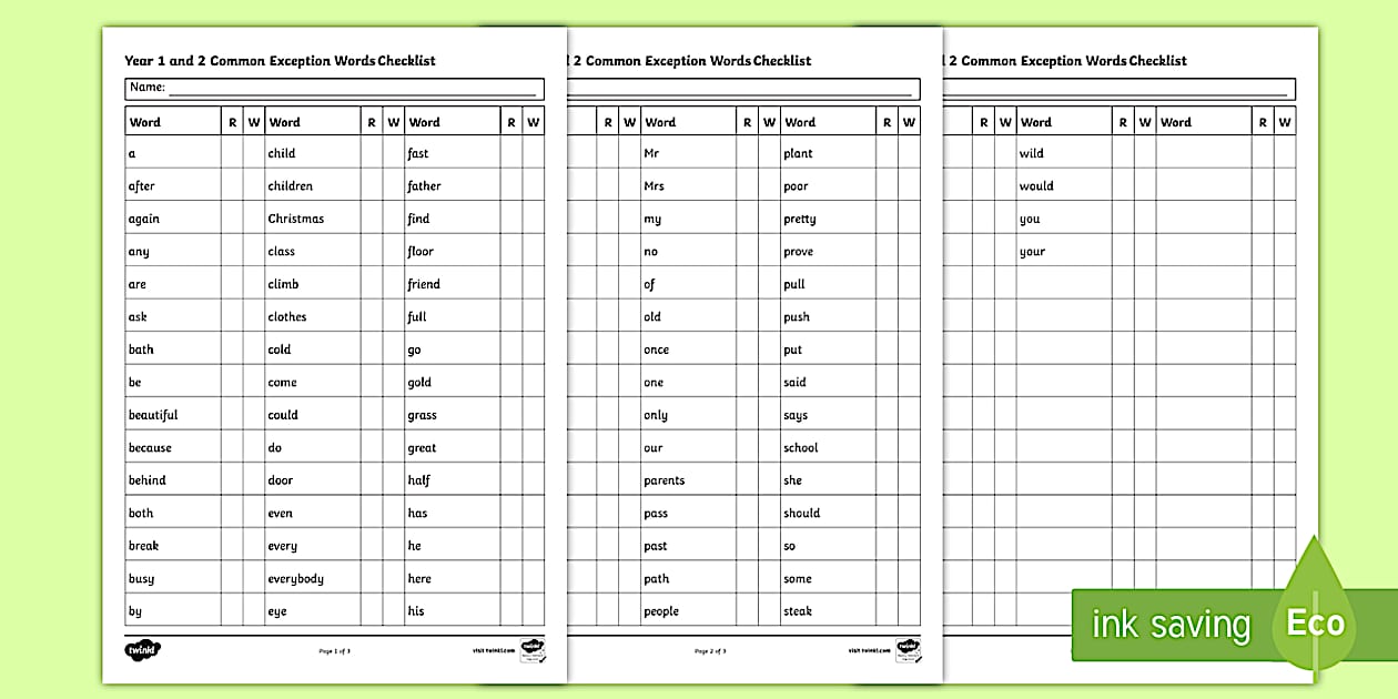 Year 1 and 2 Common Exception Words Checklist - Twinkl
