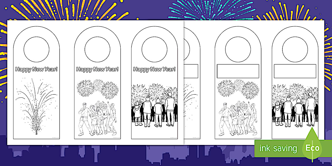 Happy New Year Door Hanger Colouring Page - Twinkl