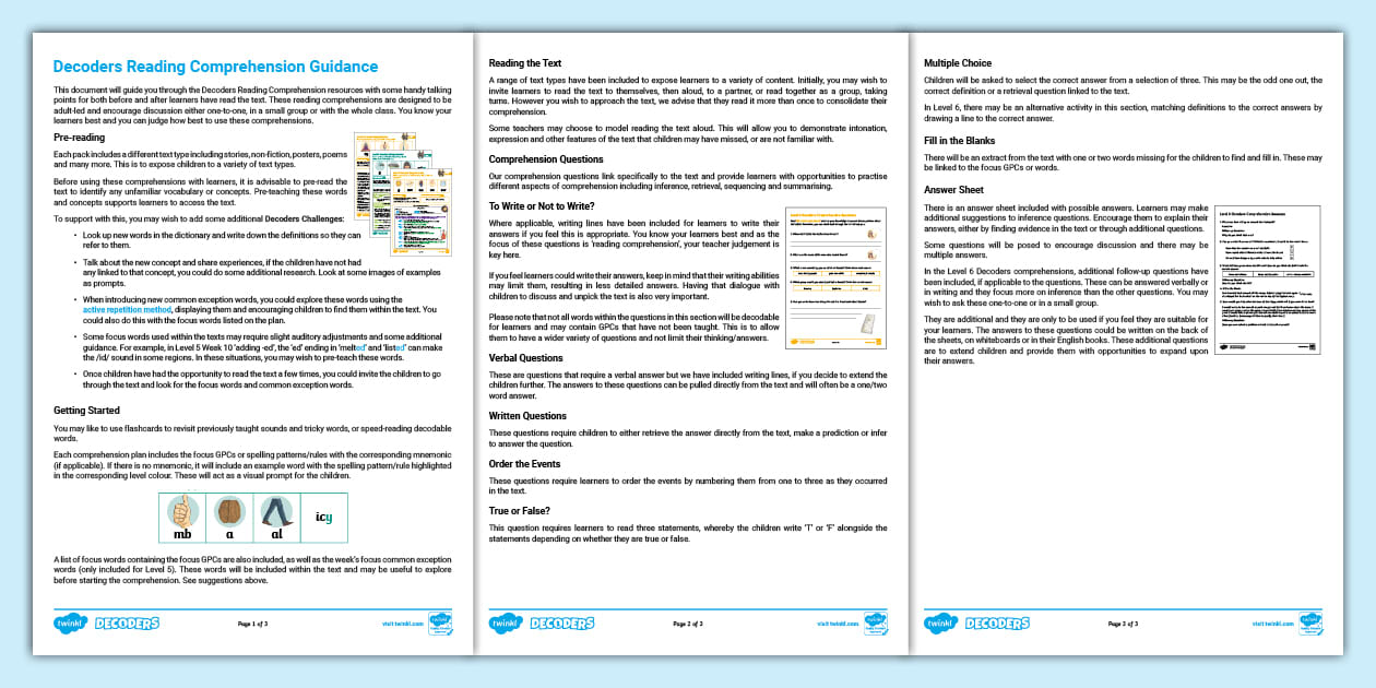 KS2 Decoders Comprehension Guidance- Primary Resources
