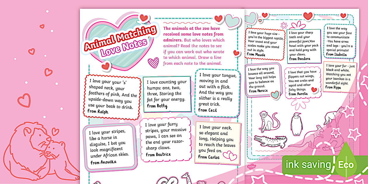 Valentine's Day: Animal Matching Love Notes (Ages 5 - 7)
