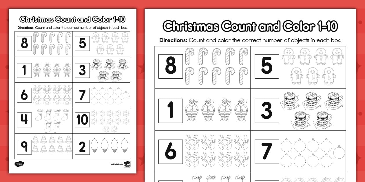 Christmas Count and Color 1-10 Worksheet (teacher made)