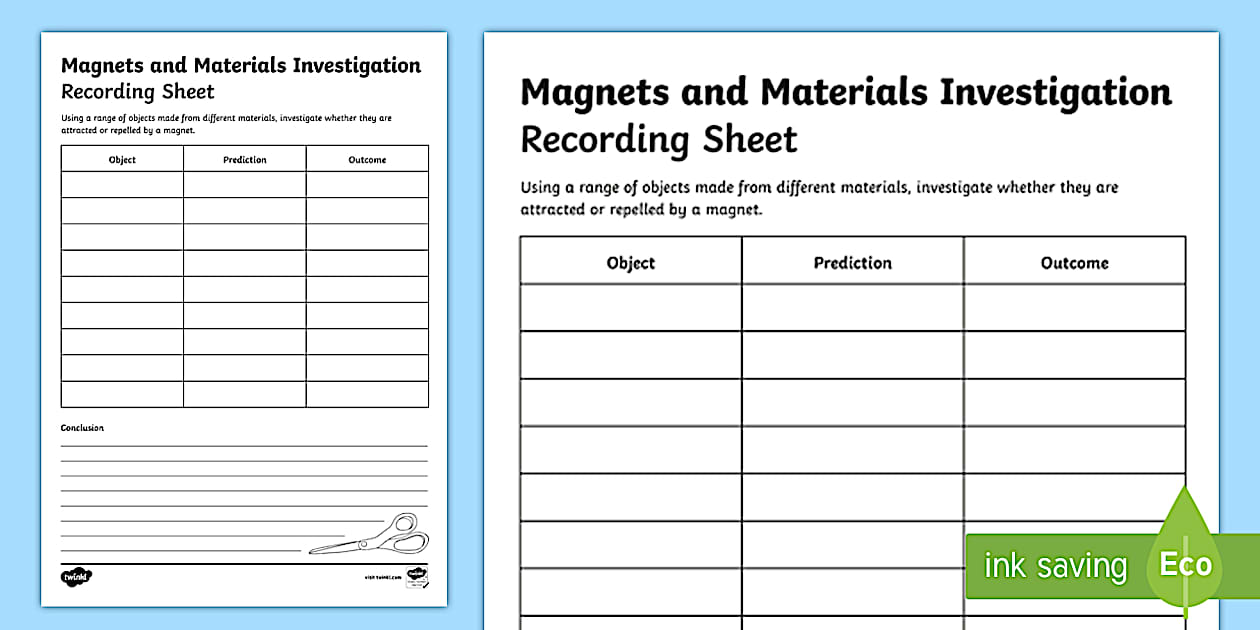 Magnets and Materials Investigation Recording Worksheet
