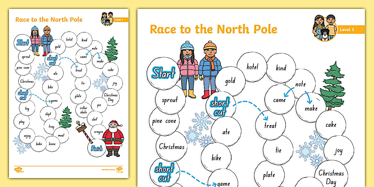 Twinkl Phonics Race to the North Pole Christmas Board Game