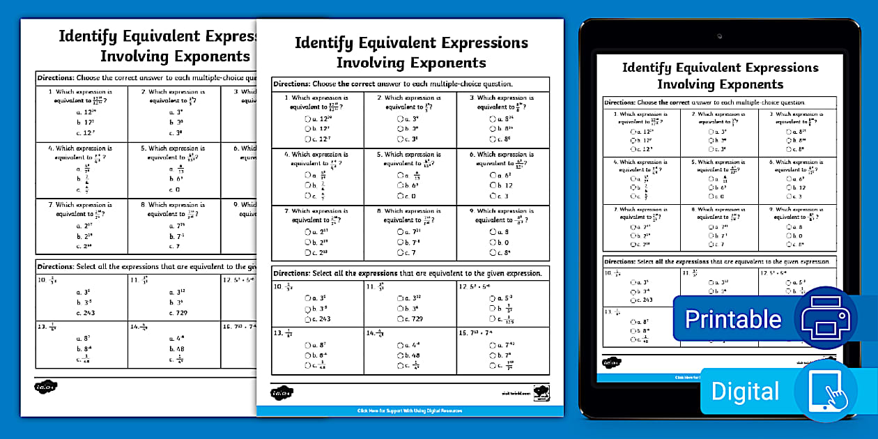 Eighth Grade Identify Equivalent Expressions Involving Exponents Practice