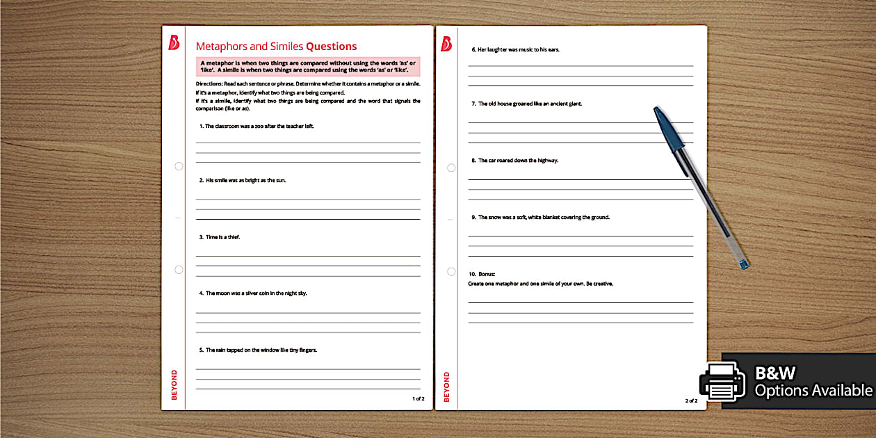 Understanding Similes and Metaphors Activity Sheet - Twinkl