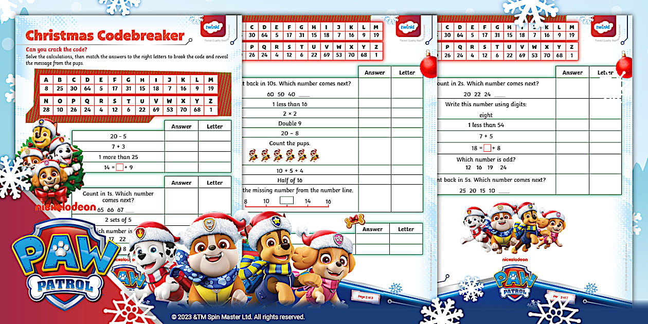 FREE PAW Patrol: Christmas Math Codebreaker Worksheet