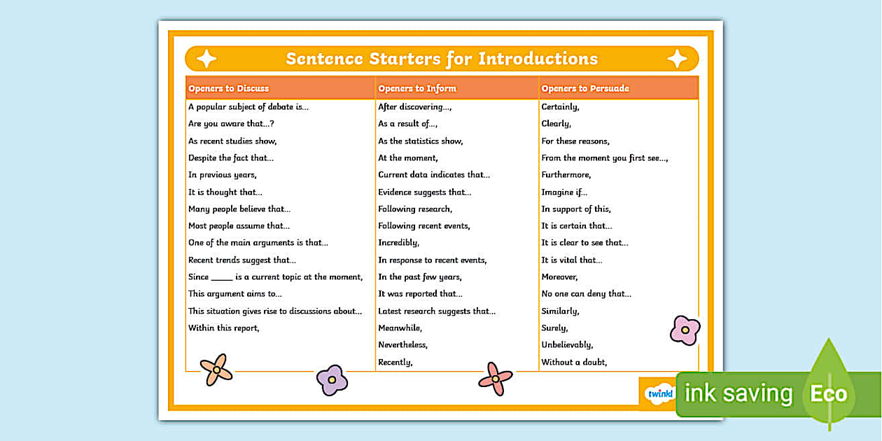 Sentence Starters for Introduction – Word Mat – KS2
