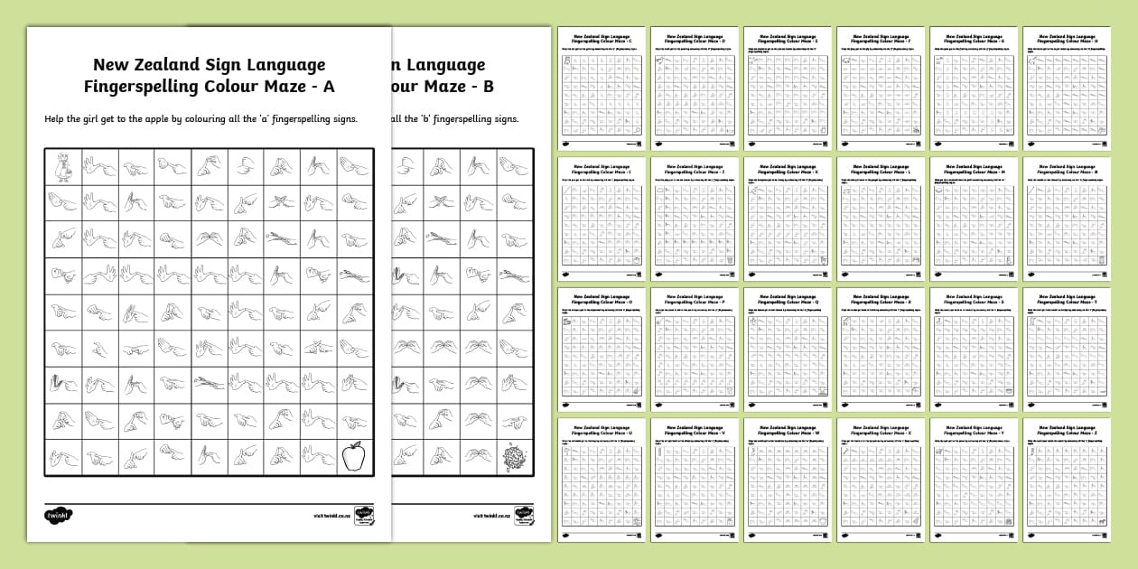 NZSL Left-Handed Fingerspelling Colour Maze Alphabet Pack