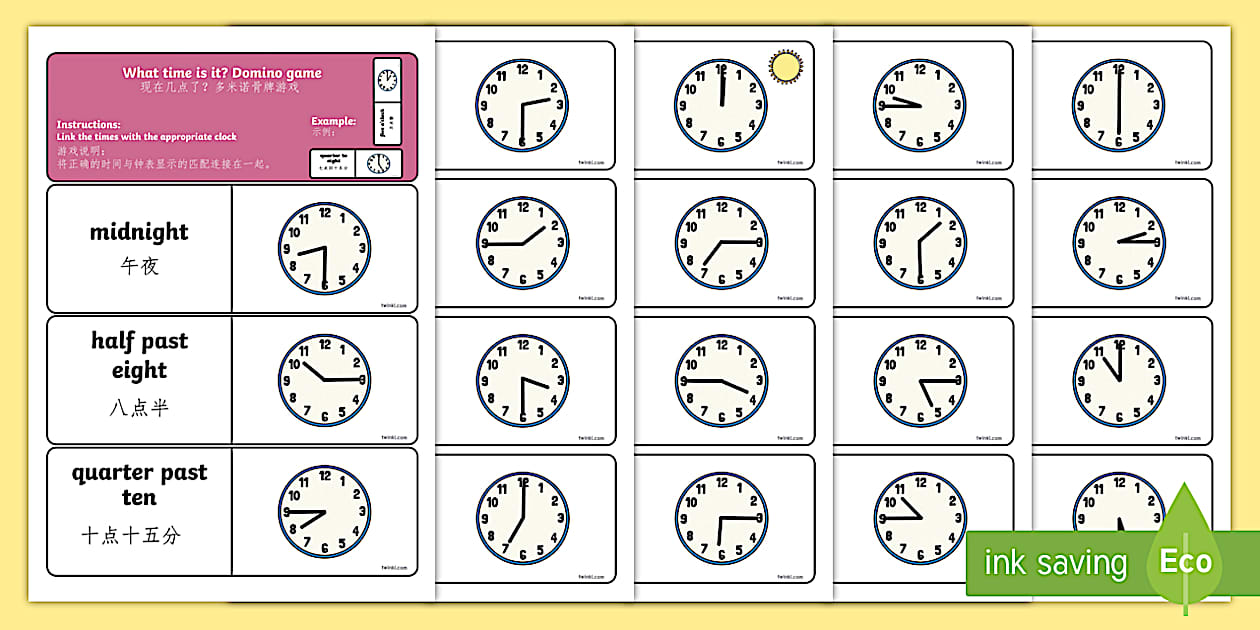 Editable Telling the Time Dominoes English/Mandarin Chinese