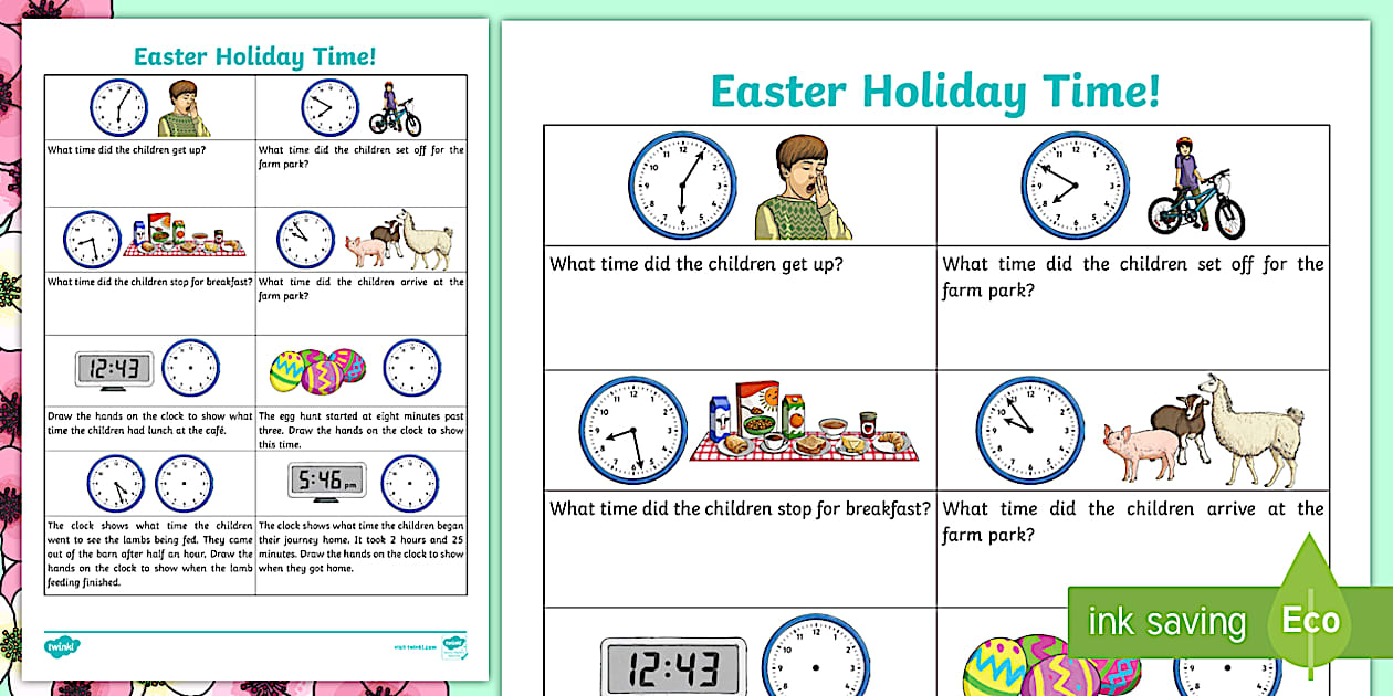 Spring-Themed Easter Holiday Time to the Nearest Minute Worksheet