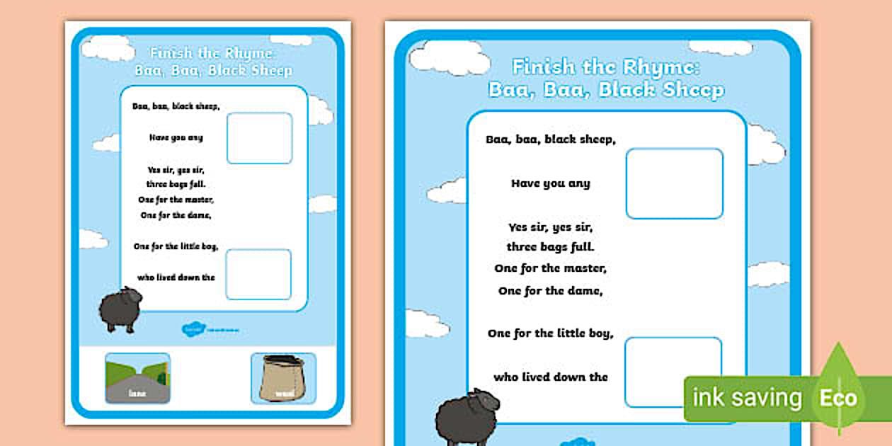 Finish the Rhyme: Baa, Baa, Black Sheep Worksheet - Twinkl