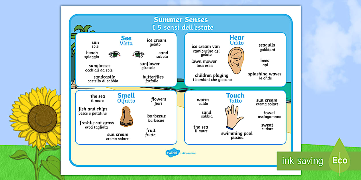 Summer Senses Word Mat English/Italian - Summer Senses Word Mat
