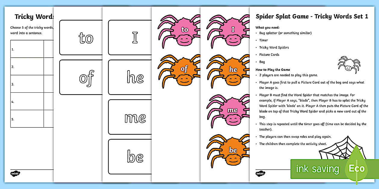 Editable Spider Splat Tricky Words Set 1 Game (teacher made)