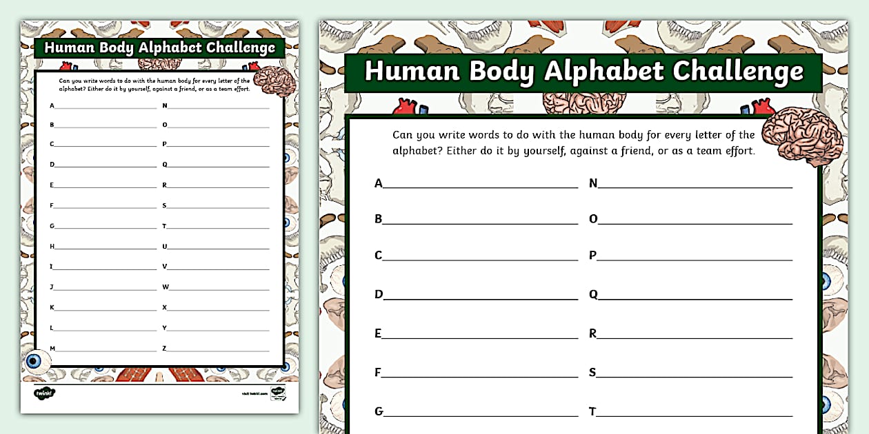 Human Body Alphabet Challenge Worksheet - Twinkl