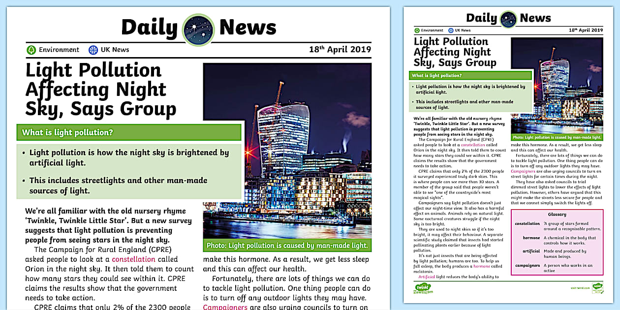 UKS2 Light Pollution Daily News Story (teacher made)