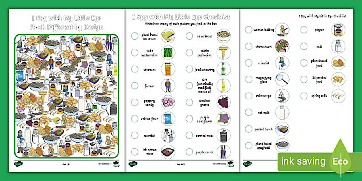 Food: Different by Design Science Eye Spy Worksheet - Twinkl