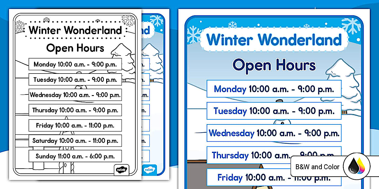 Winter Wonderland Dramatic Play Hours Sign (teacher made)