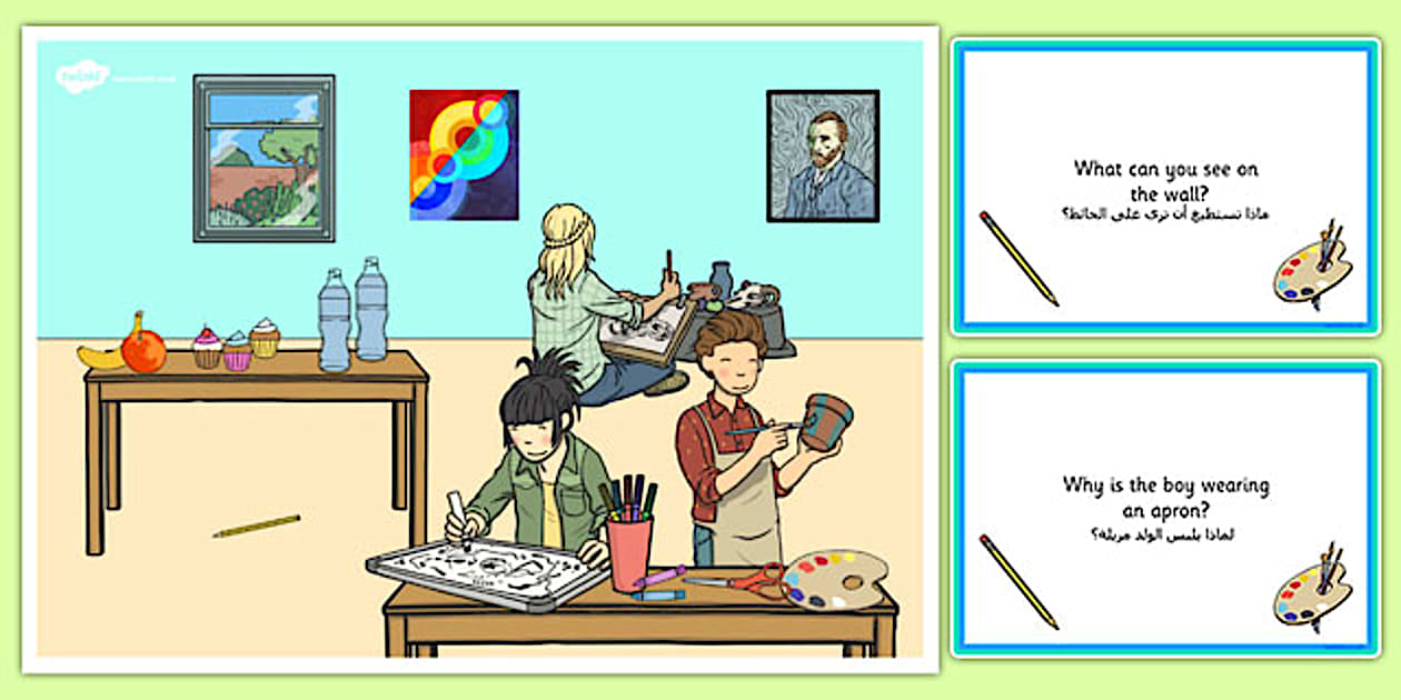Art Lesson Scene and Question Cards Arabic Translation