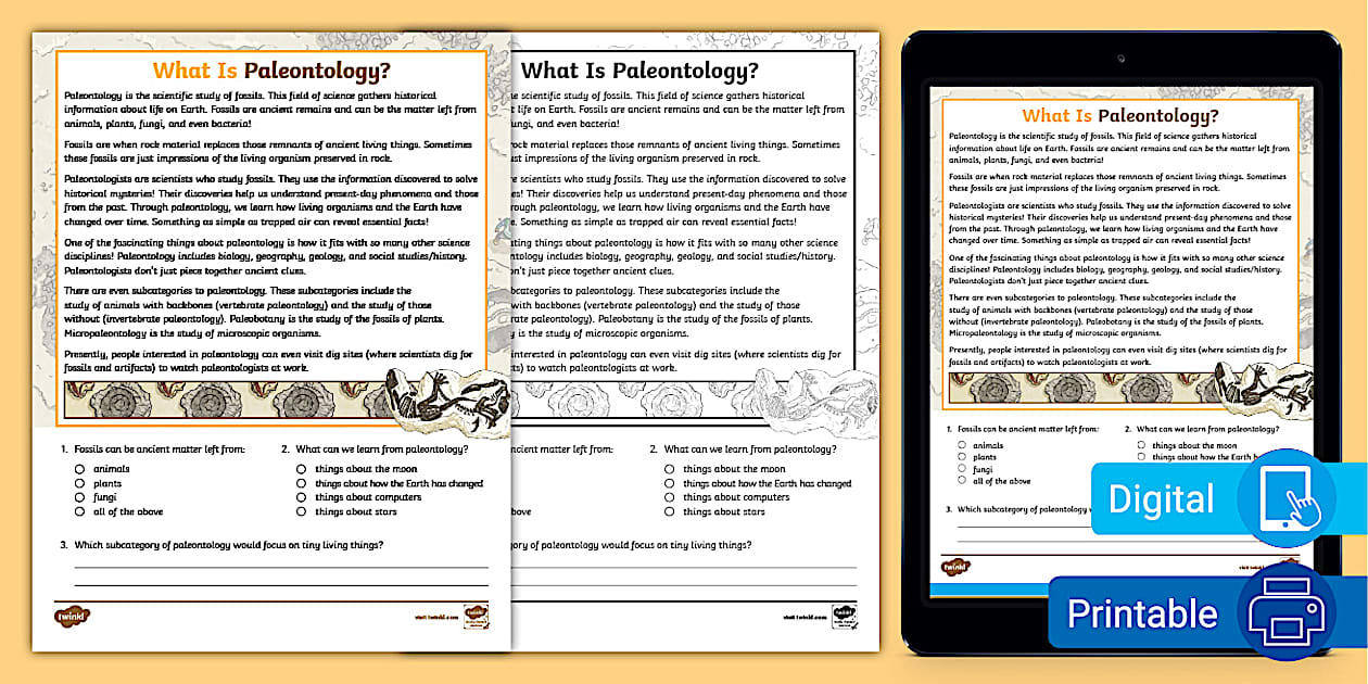 Paleontology Reading Comprehension Worksheet | Twinkl USA