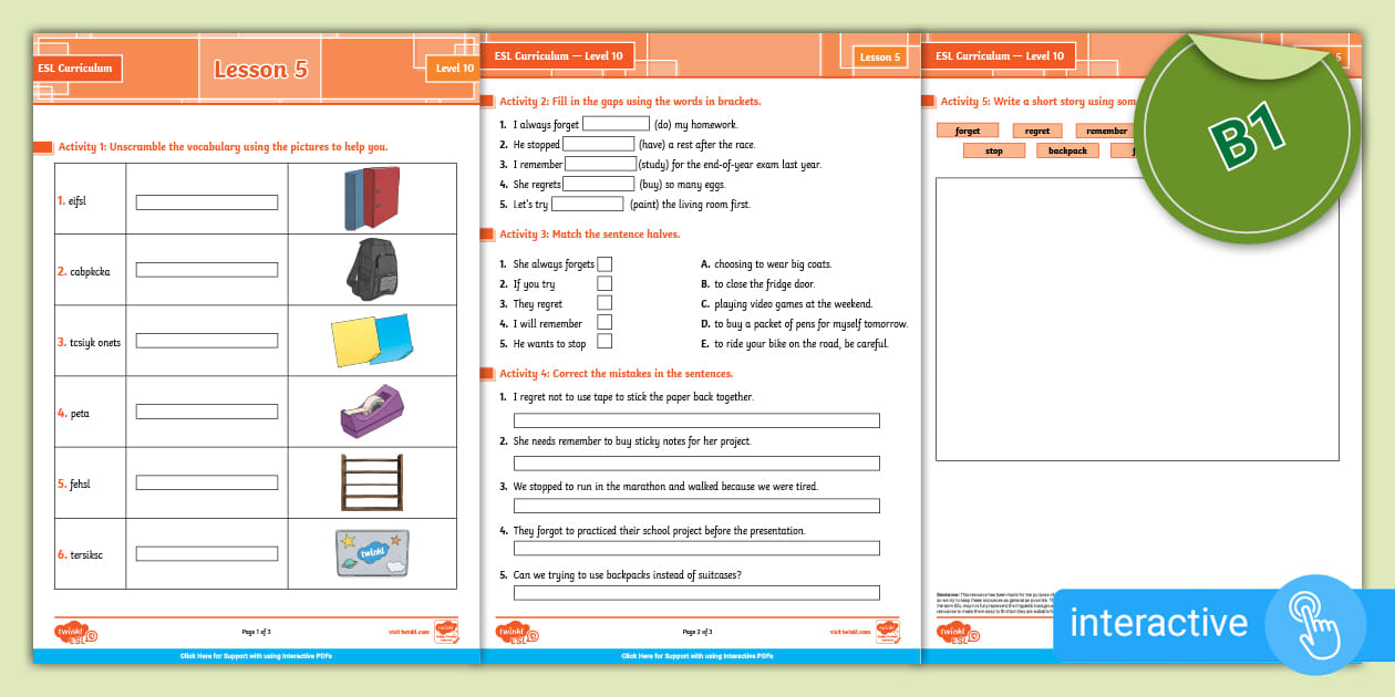 Twinkl's ESL Curriculum Level 10, Lesson 5 Interactive Sheet