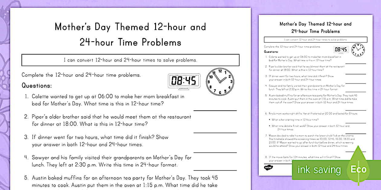 Mother’s Day Time Worksheet 24-Hour Clock | Twinkl USA