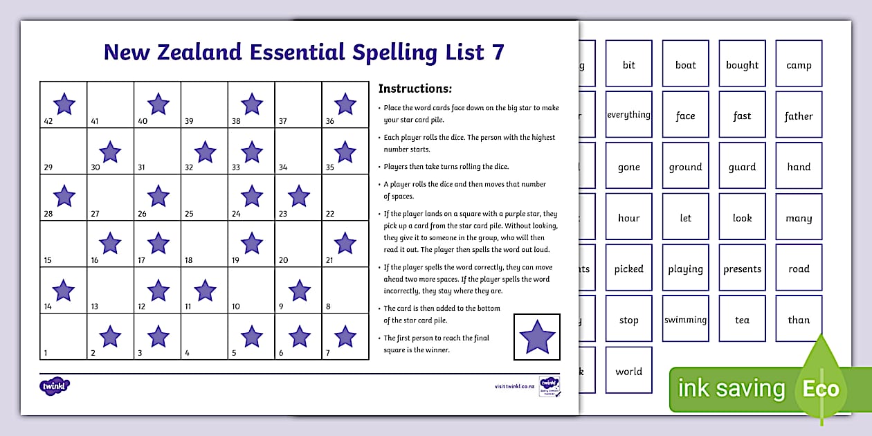 New Zealand Essential Spelling List 7 Board Game - Twinkl